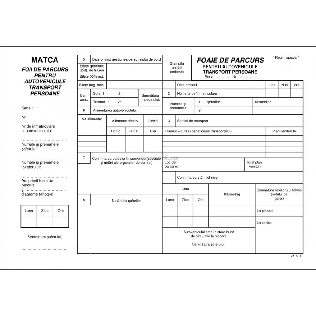 Foaie de parcurs autovehicule persoane, format A4, tipar fata/verso ...