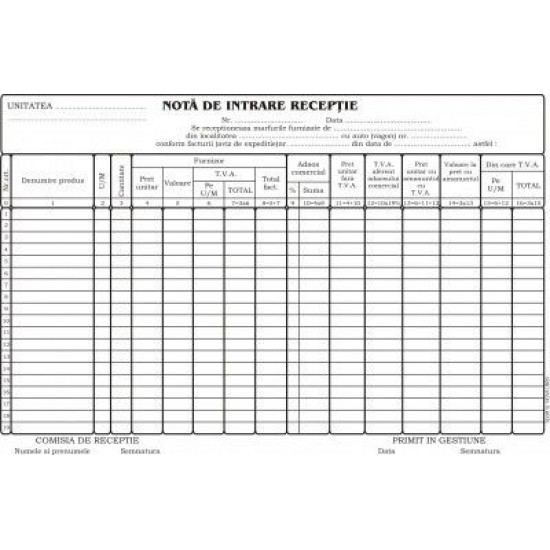 Nota de intrare receptie, format A4, tipar fata, autocopiativ, 100 file ...